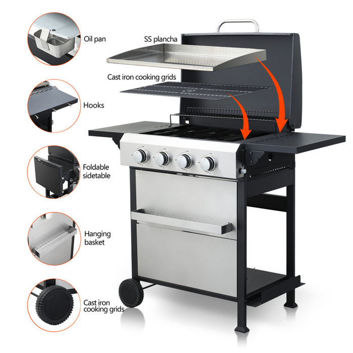 Polyfurniture 4-Burner Propane Gas BBQ Grill, SS Plancha, 49200BTU Output With Wire Enamel ...